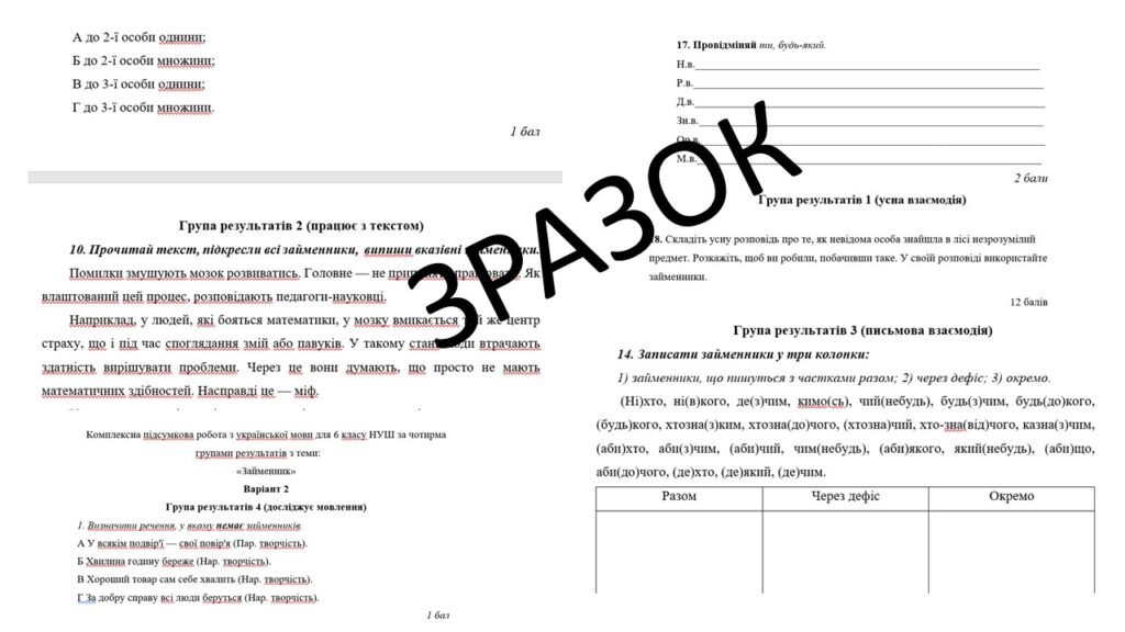 Комплексна підсумкова робота КПР з української мови для 6 класу НУШ за чотирма групами